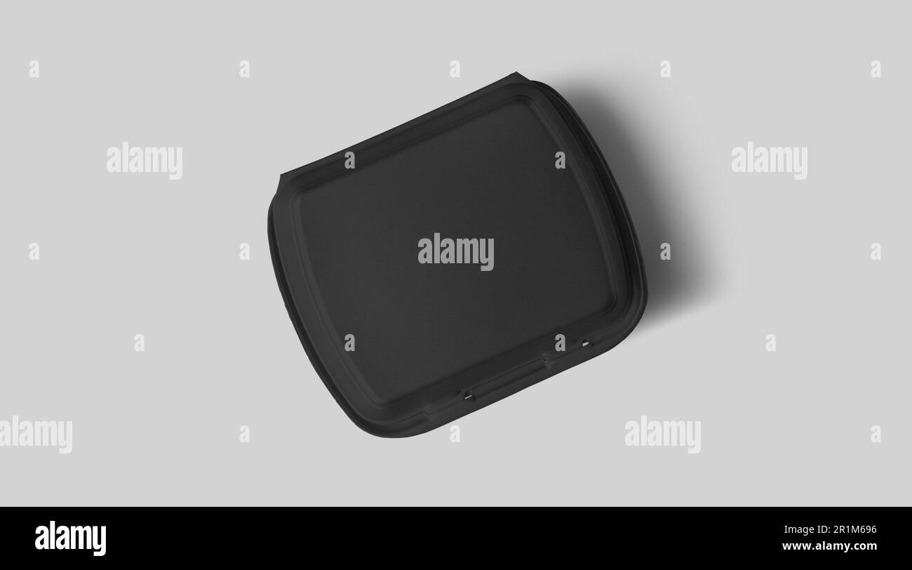 Top up view of blank black styrofoam isolated on grey. eco food lunch ...