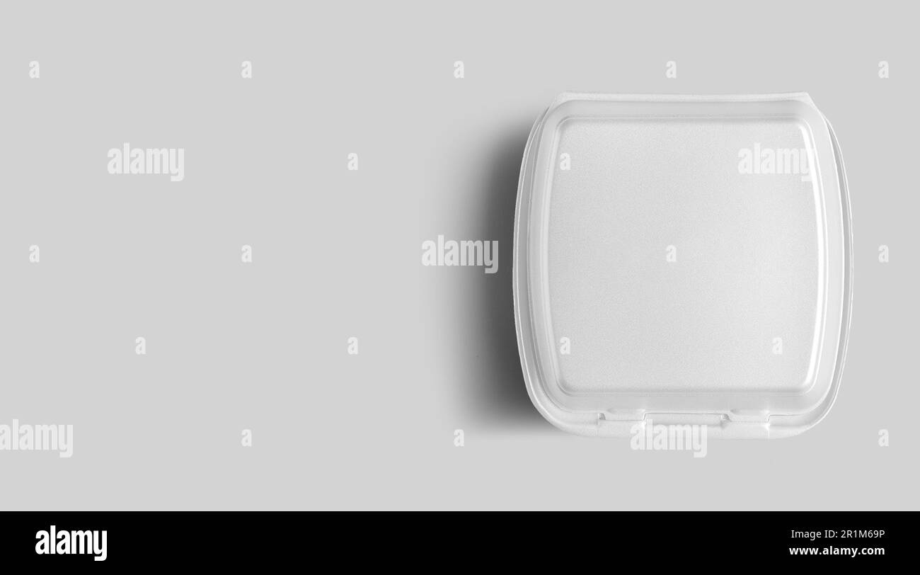 Top up view of blank white styrofoam isolated on grey. eco food lunch ...