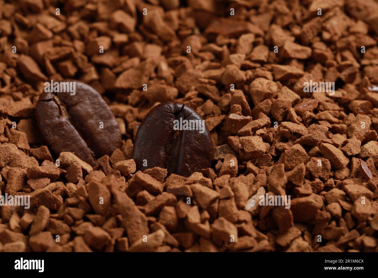 Roasted beans on instant coffee, closeup. Space for text Stock Photo ...