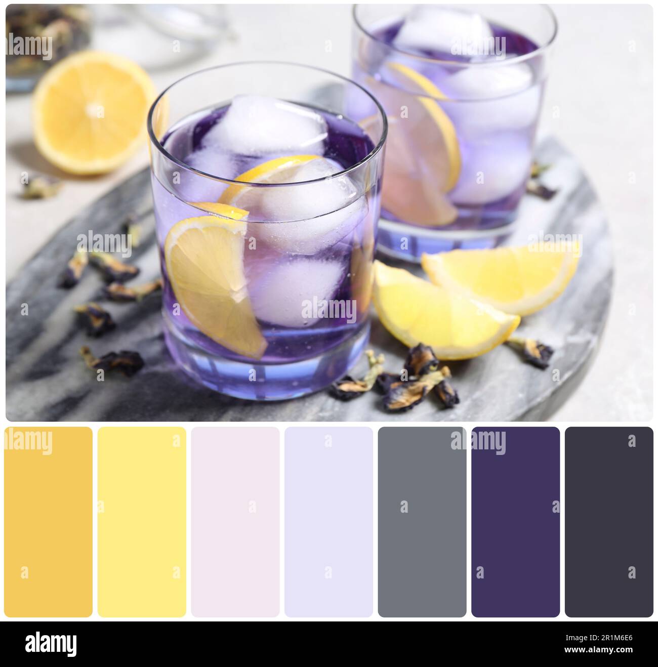 Organic blue Anchan with lemon on table and color palette. Collage ...