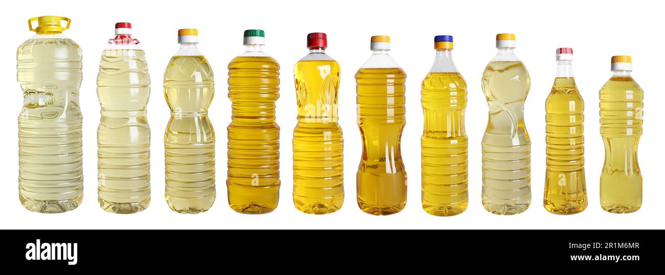 Set with different bottles of cooking oils on white background. Banner ...
