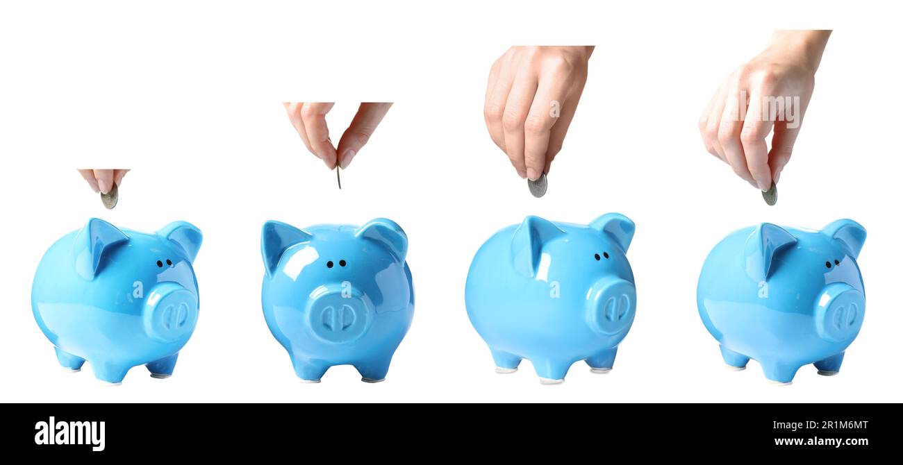 Collage with photos of women putting coins into light blue piggy banks ...