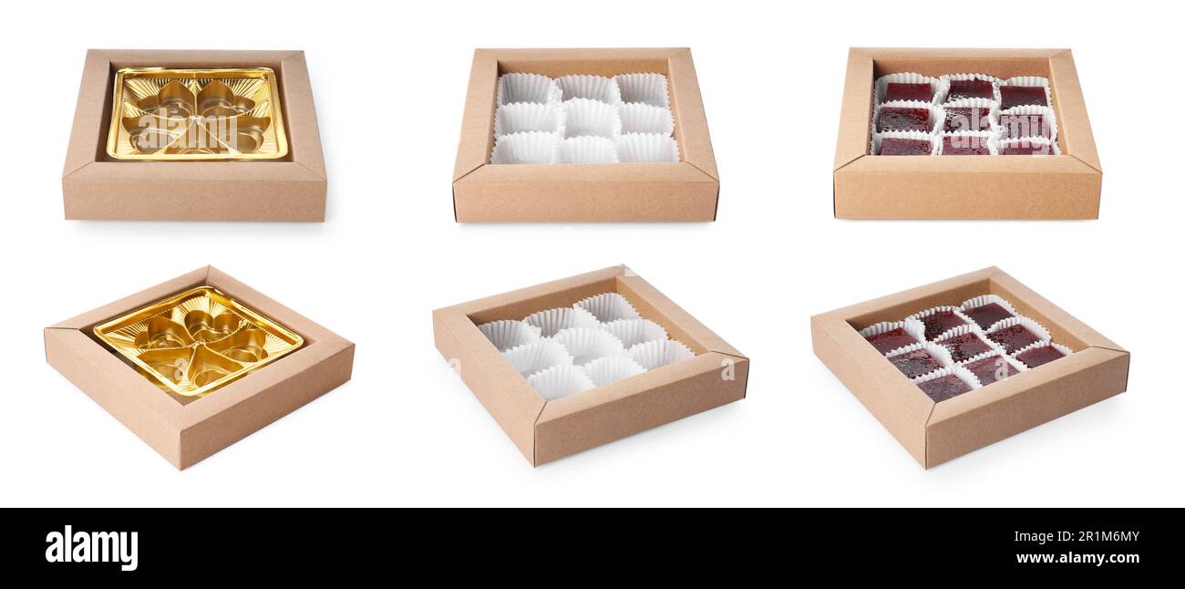 Set with full and empty candy boxes on white background. Banner design ...