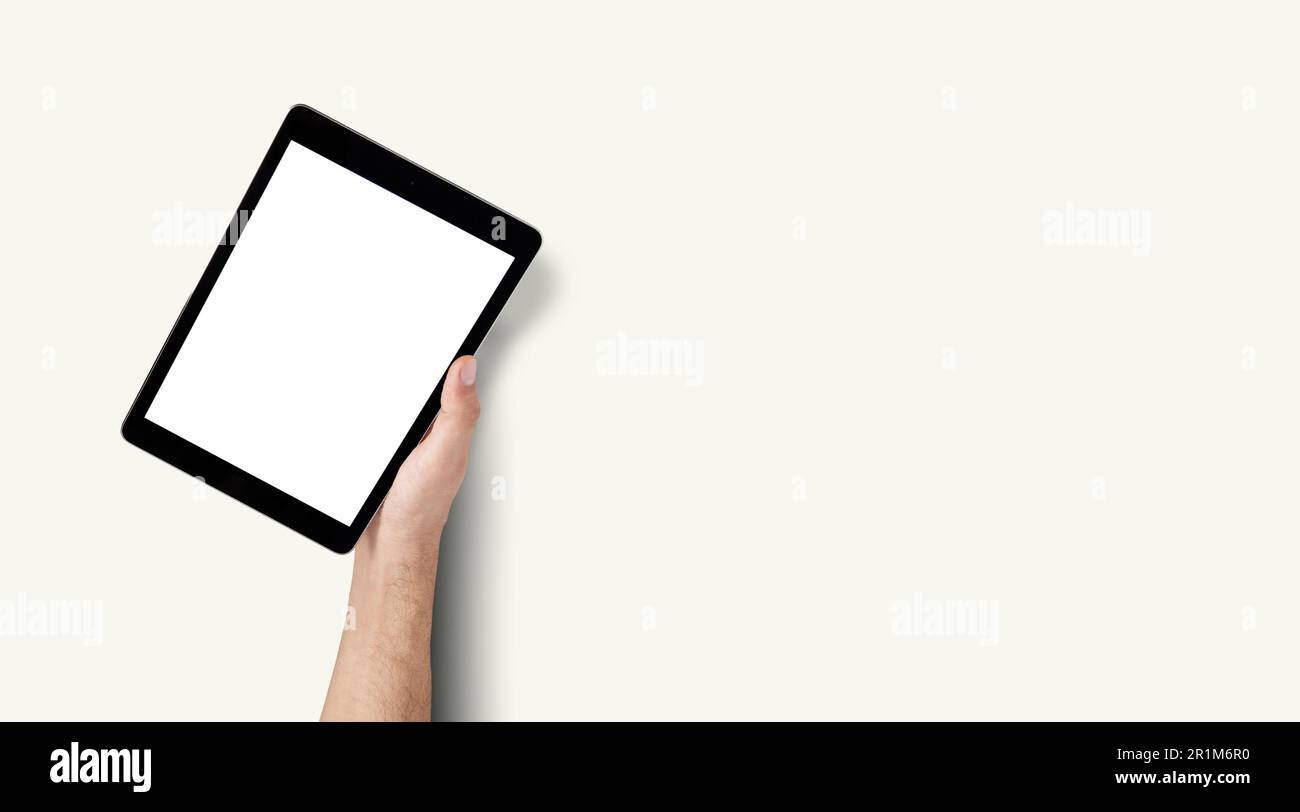 Man holding smart device with empty screen isolated on white background ...