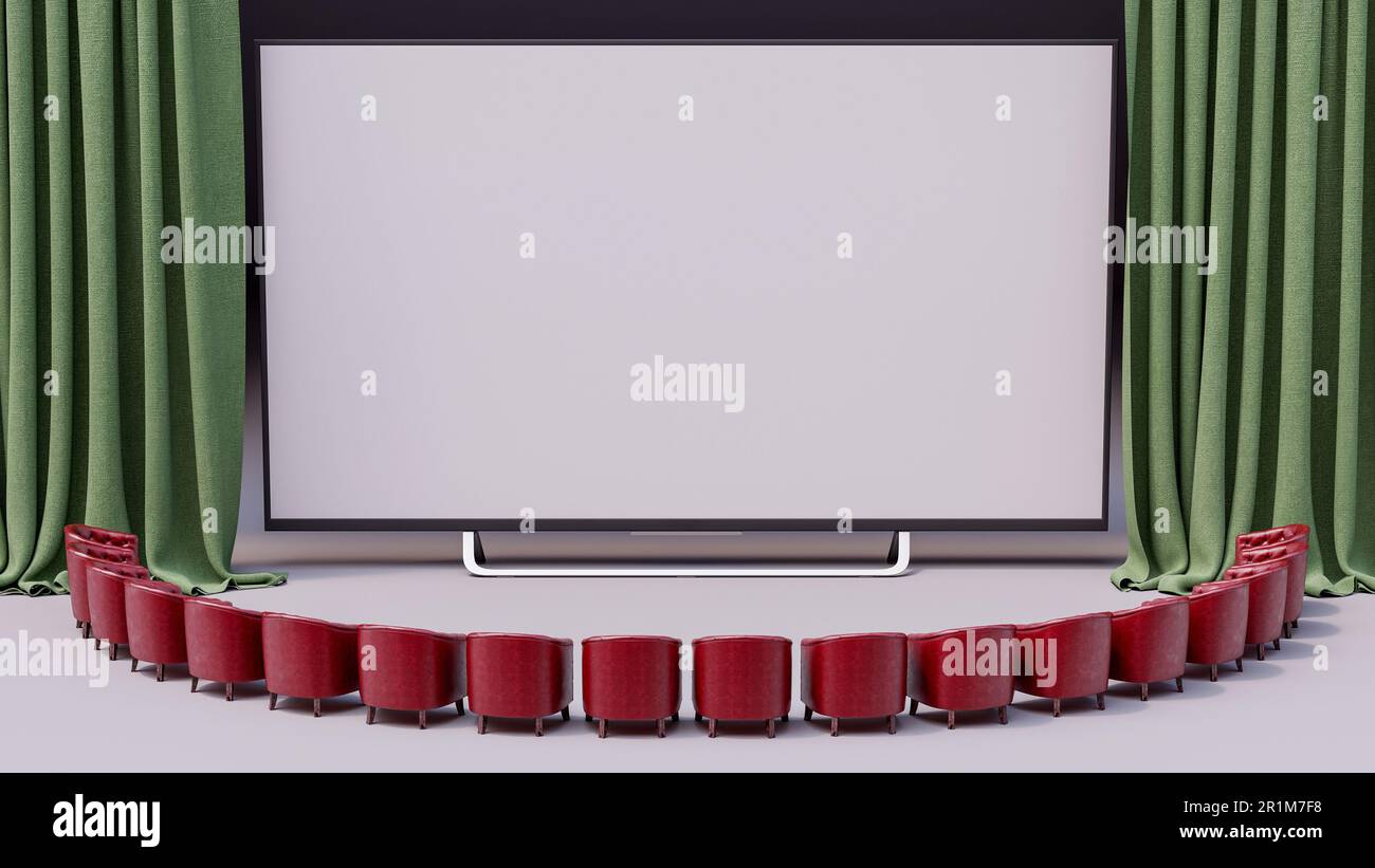 Movie theatre with led TV that has copy space and green curtains 3D ...