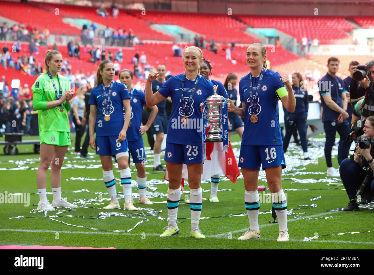 London, UK. 14th May, 2023. Pernille Harder (23 Chelsea) and Magdalena ...