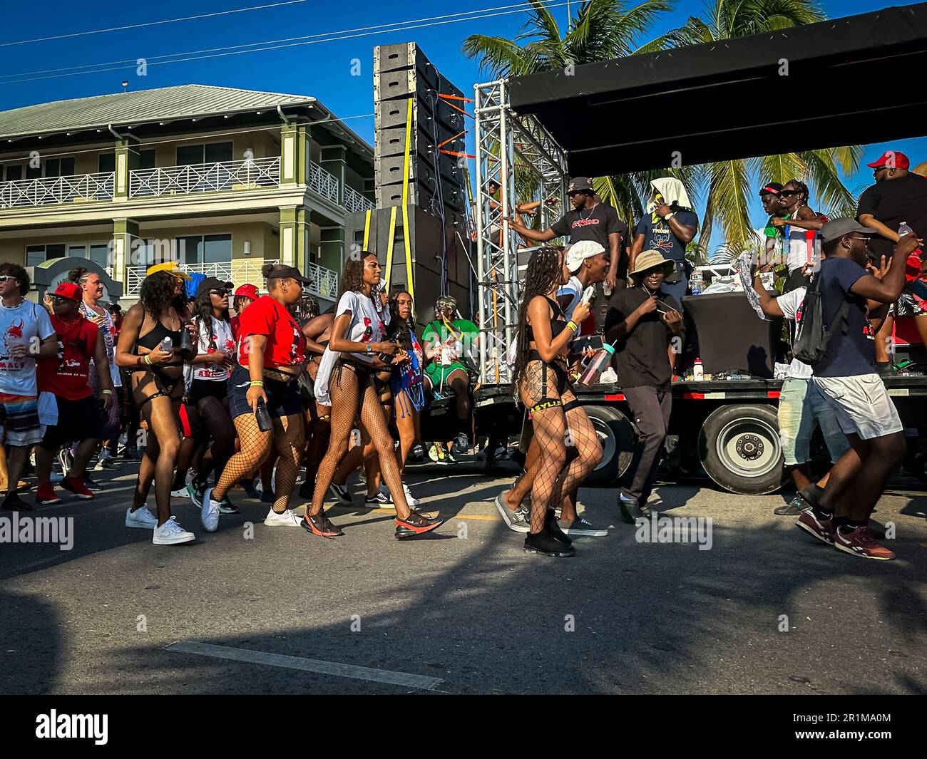 Grand Cayman, Cayman Islands, May 2023, view of carnival goers parading ...