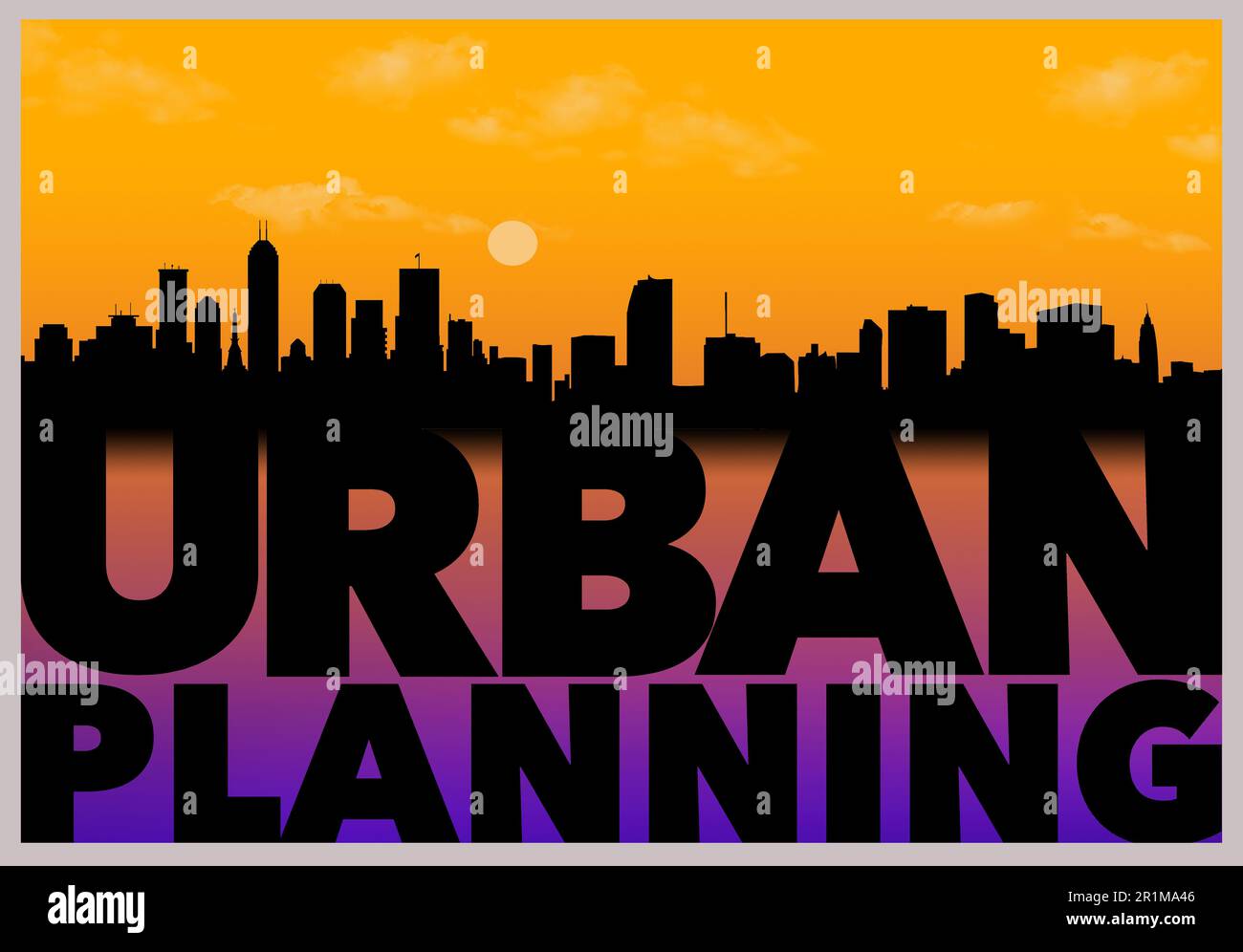 A city skyline at sunset is seen with the printed words urban planning ...