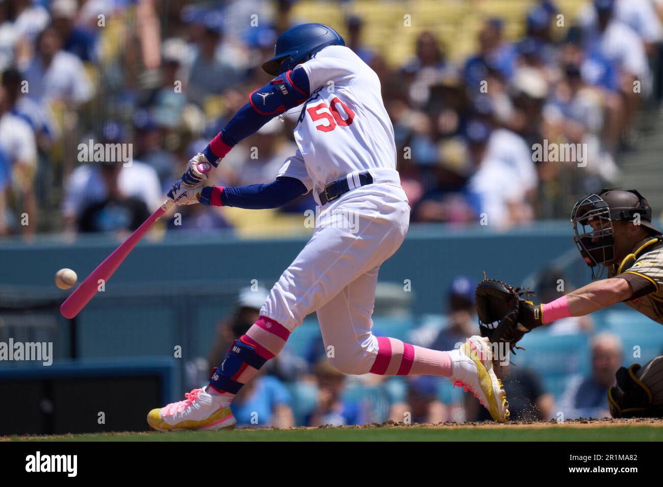 Los Angeles Dodgers Mookie Betts (50) hits a home run on a fly ball to ...
