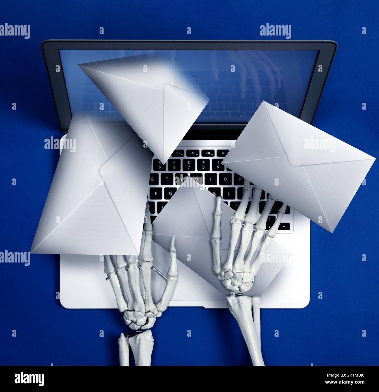 Email spam. Human skeleton, laptop and many letters on blue background ...