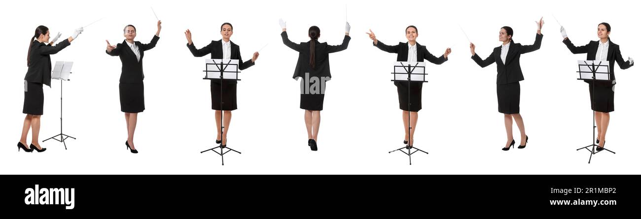 Collage with photos of professional young conductor with baton on white ...