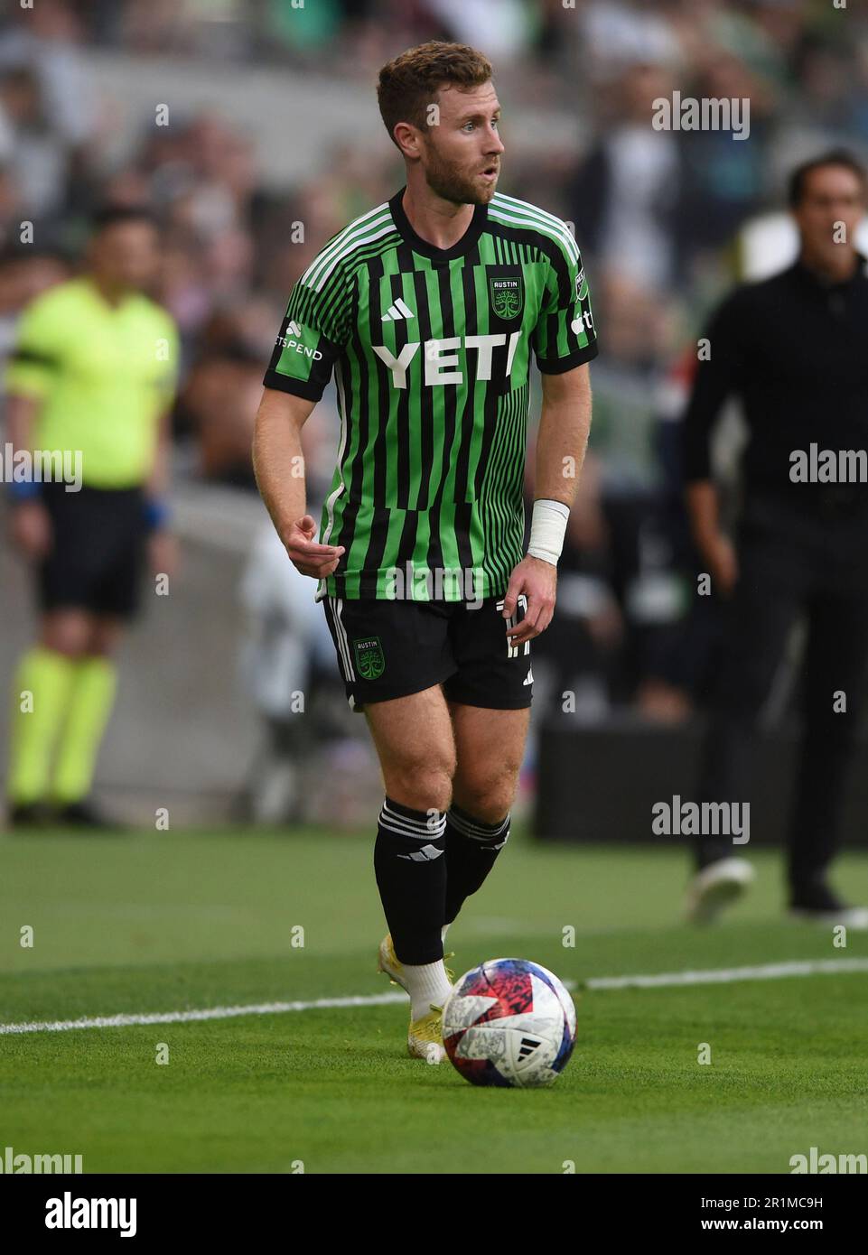AUSTIN, TX - MAY 13: Austin FC defender Jon Gallagher looks for an open ...