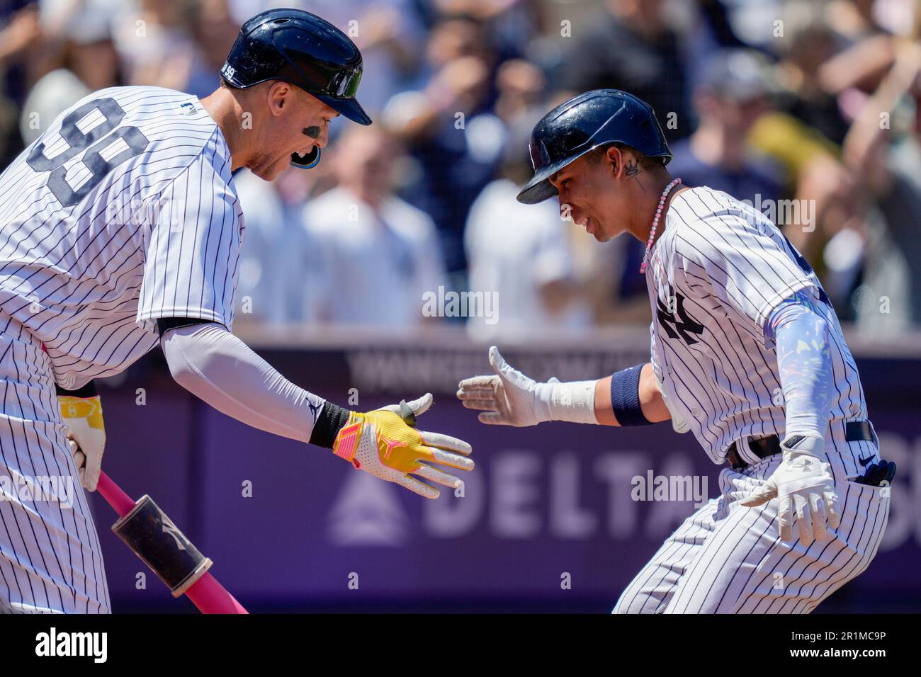 New York Yankees' Oswaldo Cabrera celebrates hitting a two-run home run ...