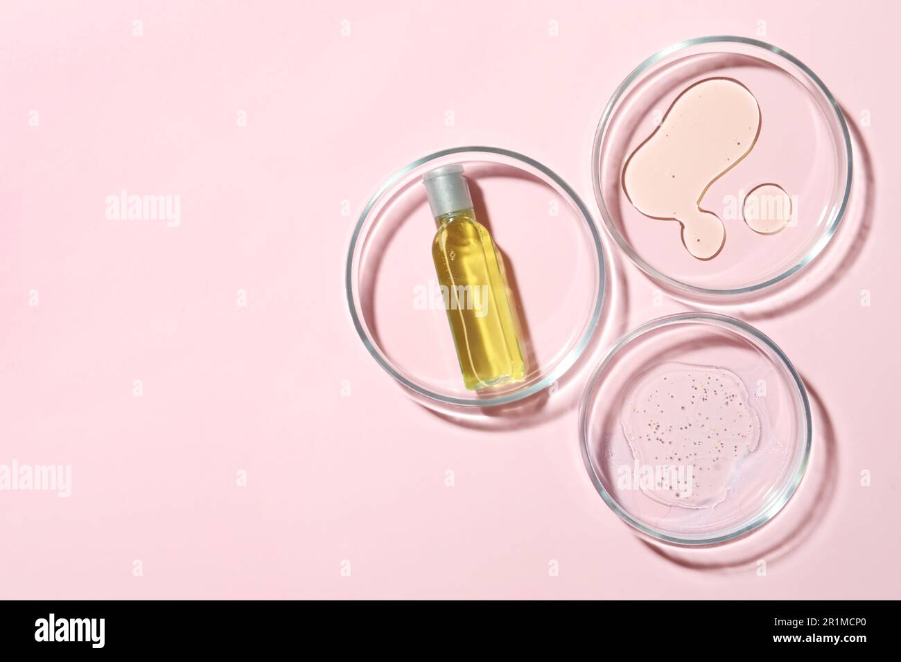 Many Petri dishes and cosmetic products on pink background, flat lay ...