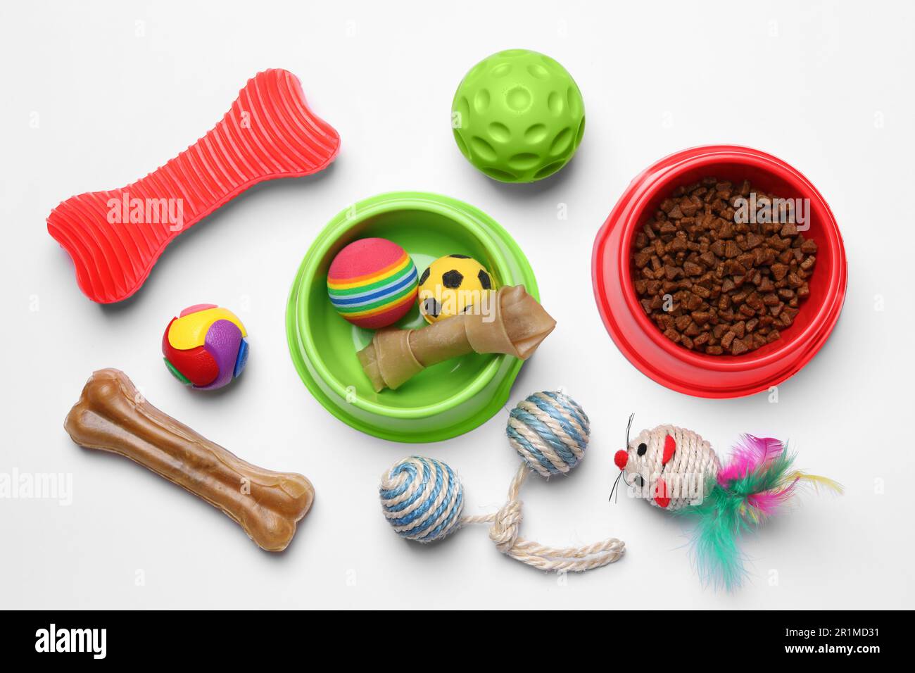 Flat lay composition with pet toys and food on white background Stock ...
