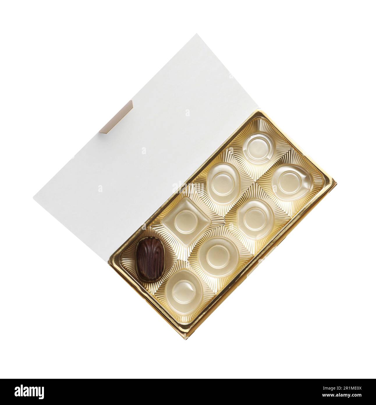 Partially empty box of chocolate candies isolated on white, top view ...