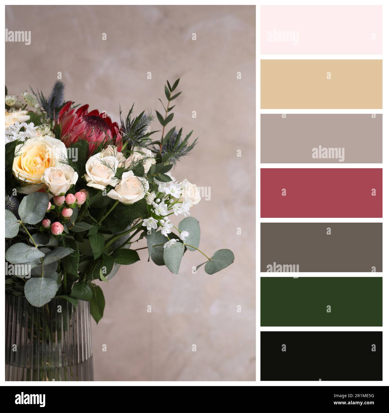 Beautiful bouquet with roses on beige background and color palette ...