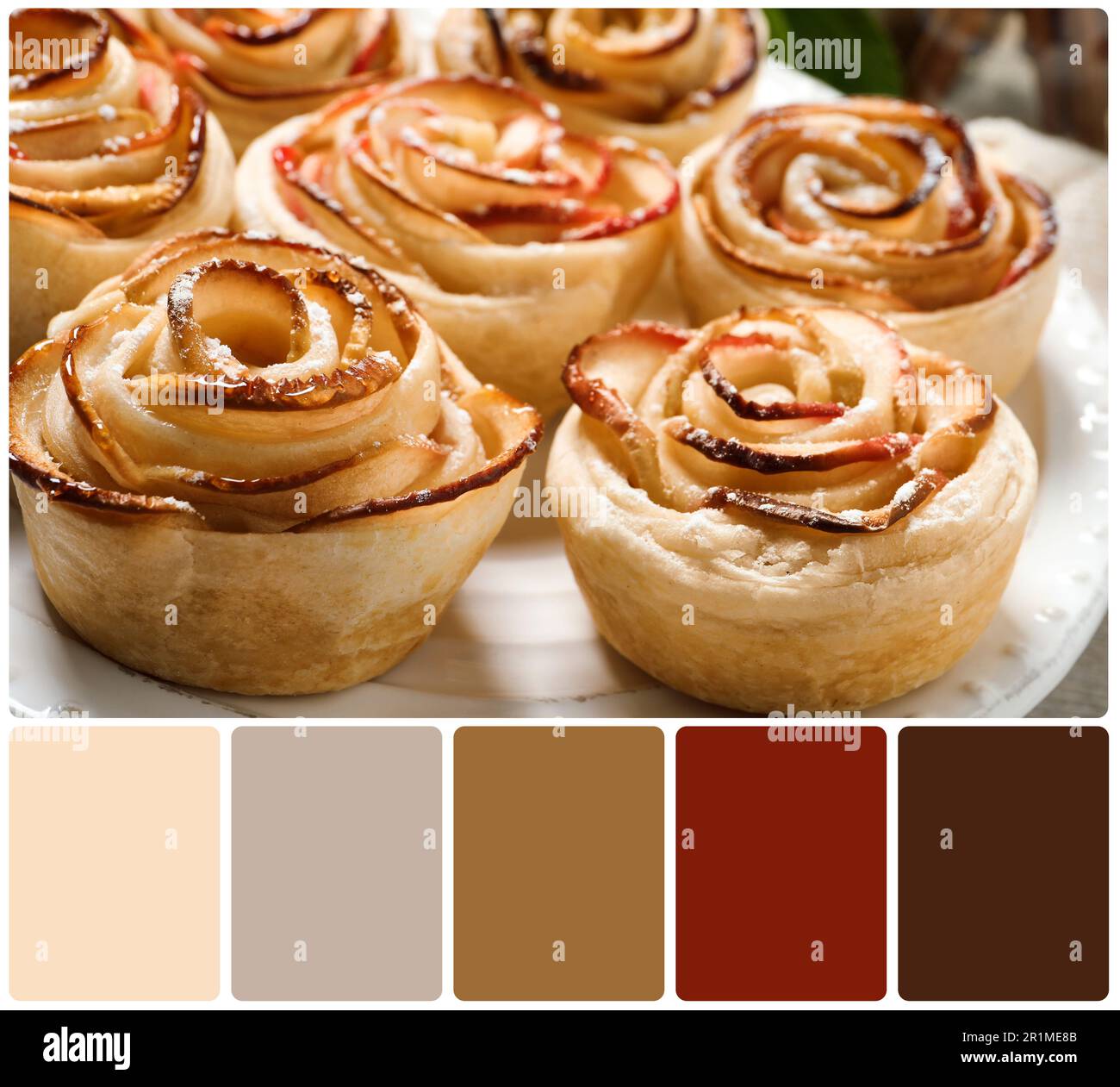 Freshly baked apple roses on plate and color palette. Collage Stock ...