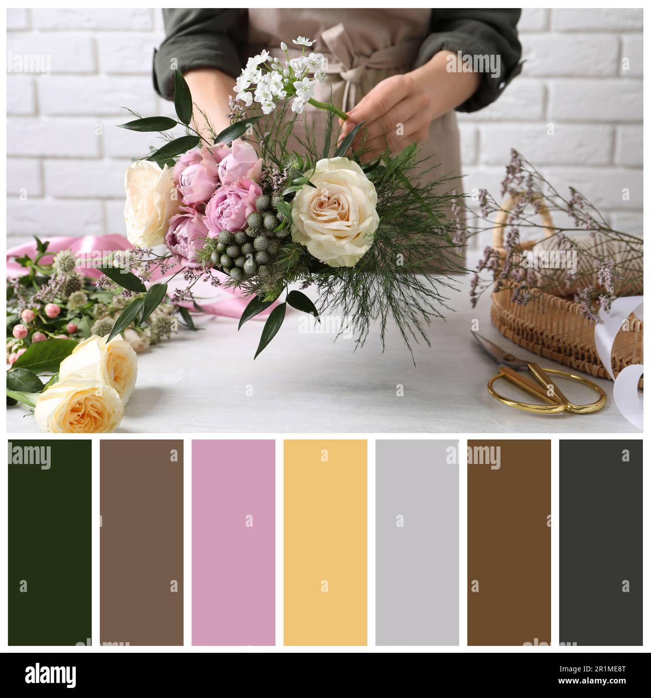 Florist making beautiful bouquet at white table and color palette ...