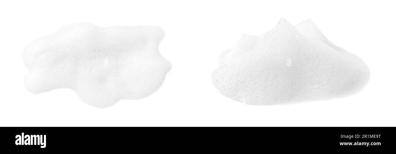 Drops of fluffy soap foam on white background. Banner design Stock ...