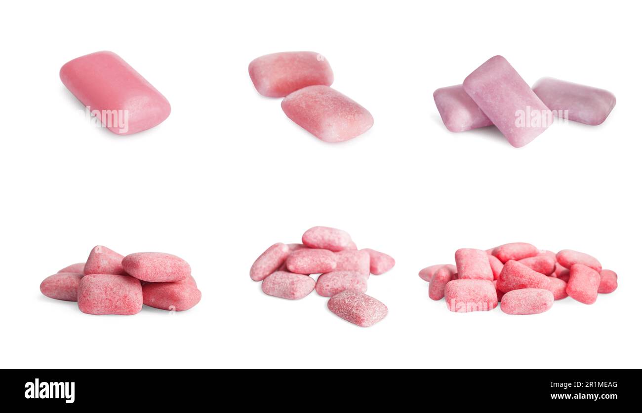 Set with different tasty chewing gums on white background Stock Photo ...