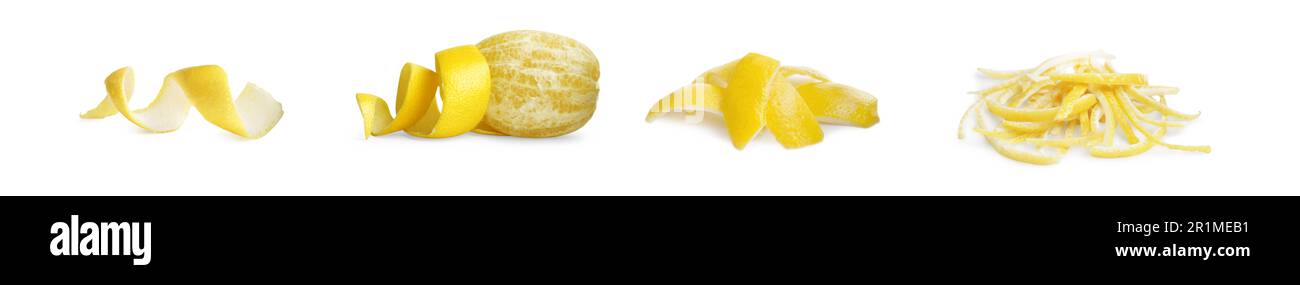 Set with lemon zest on white background. Banner design Stock Photo - Alamy