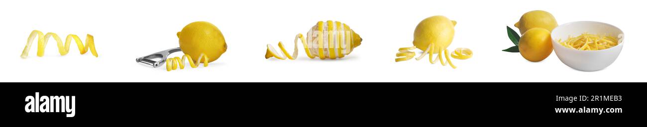 Set with lemon zest on white background. Banner design Stock Photo - Alamy