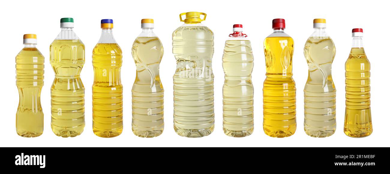 Set with different bottles of cooking oils on white background. Banner ...