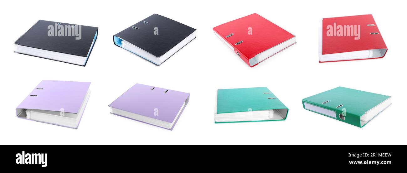 Set with different color office folders on white background. Banner ...
