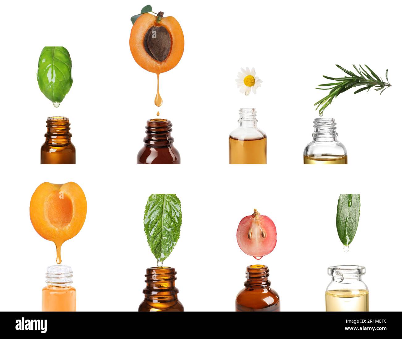 Set with different natural essential oils on white background Stock ...
