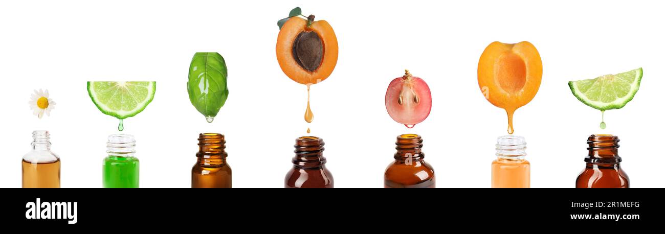 Set with different natural essential oils on white background. Banner ...