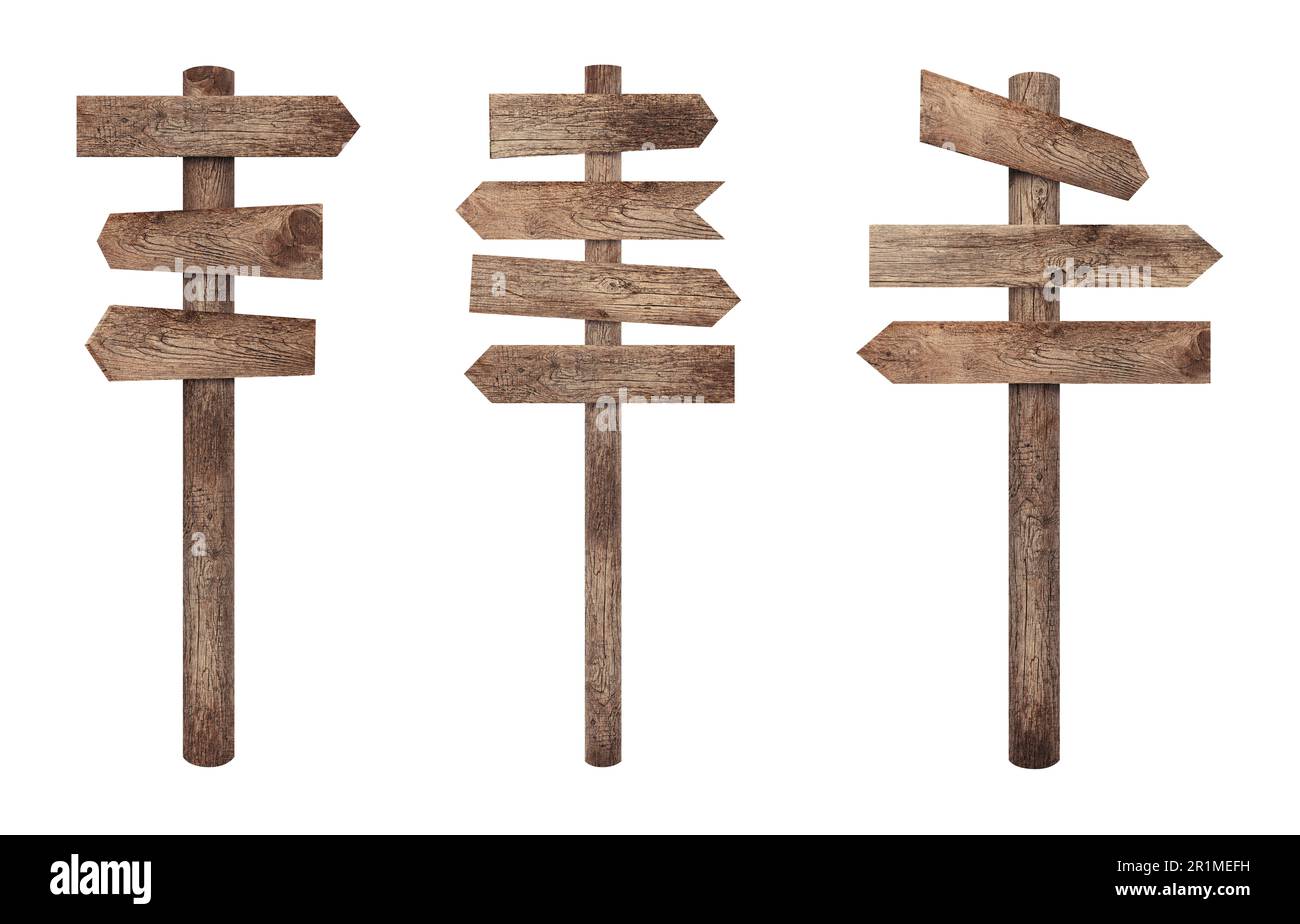 Empty wooden road signs on white background Stock Photo - Alamy