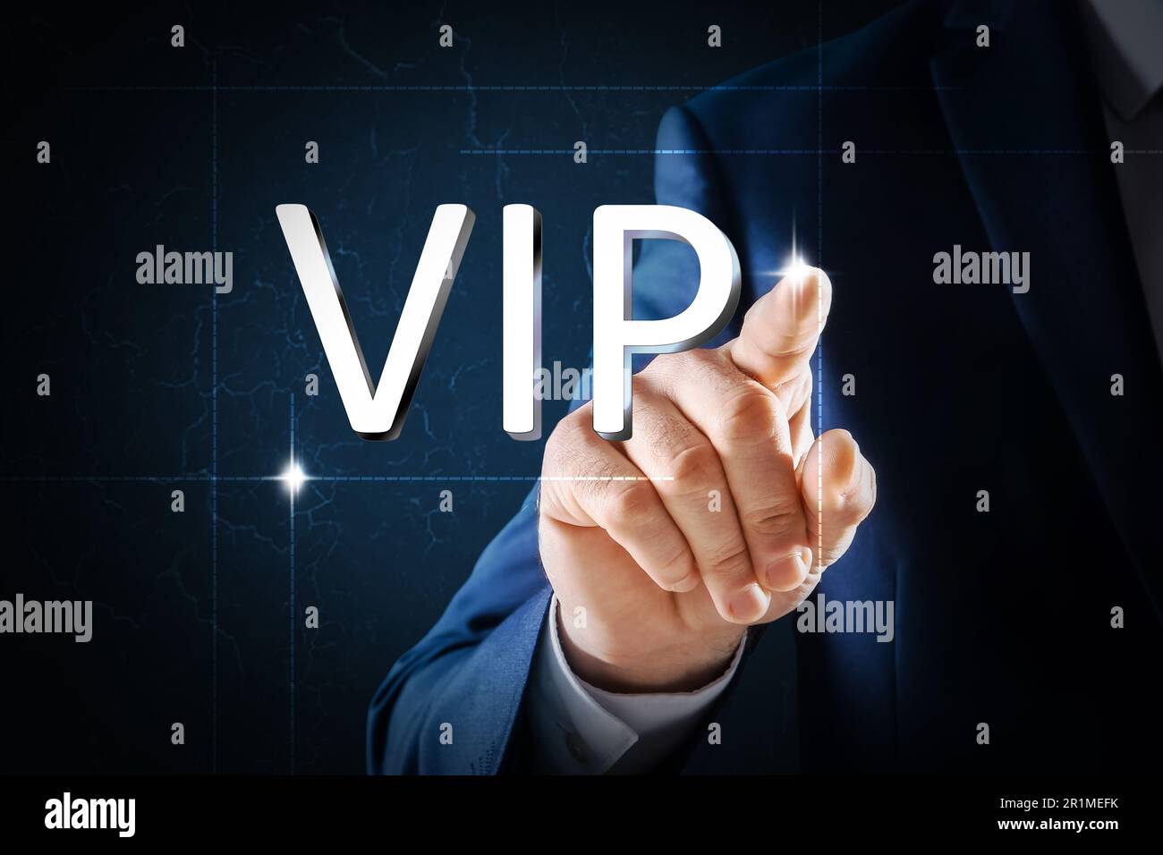 VIP member. Closeup view of man pointing at virtual abbreviation on ...