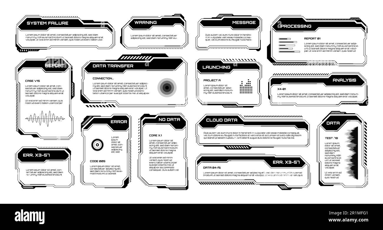 Black futuristic HUD, UI elements. Sci-fi user interface text boxes ...
