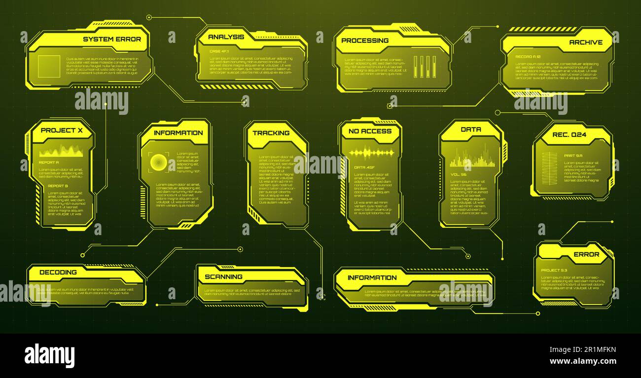 Yellow futuristic HUD, UI elements. Sci-fi user interface text boxes ...