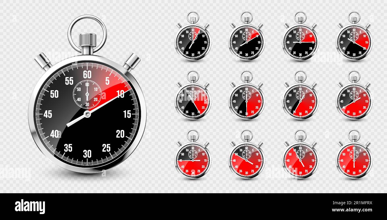 Realistic classic stopwatch. Shiny metal chronometer, time counter with ...