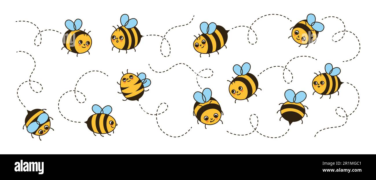 Bee honey characters flying on dotted route cartoon set. Comics kids honeybee insect mascot ...