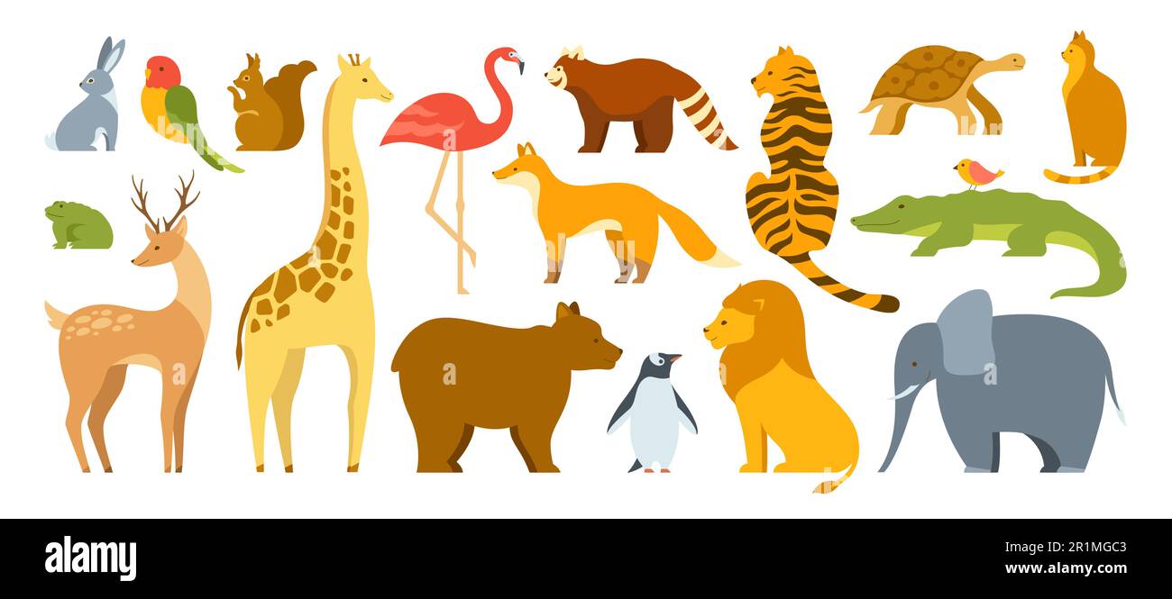 Animal cute cartoon set. Hare and parrot, squirrel, frog, giraffe ...
