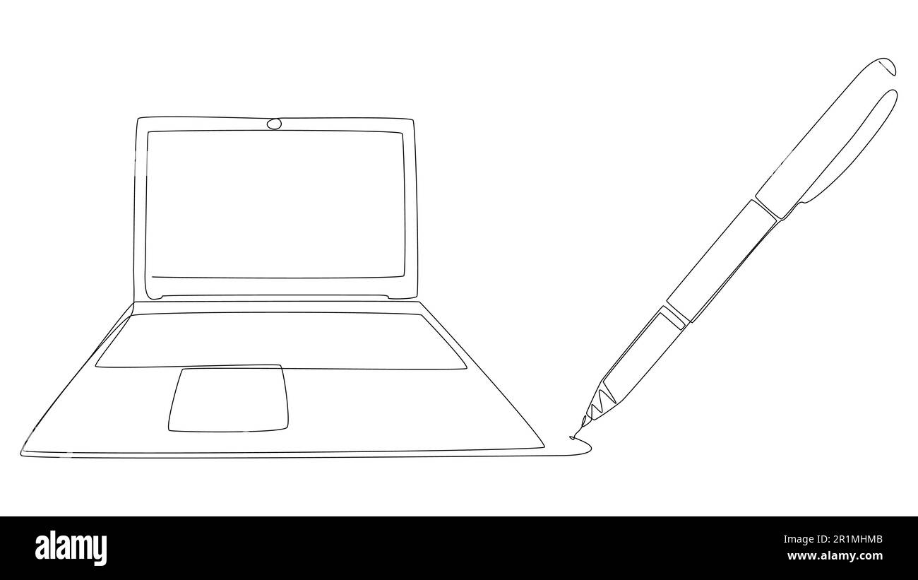 One Continuous Line Of Laptop Drawn By Felt Tip Pen Thin Line