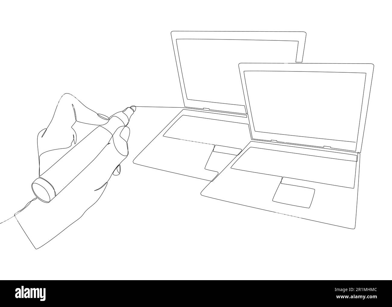 One continuous line of Laptop drawn by felt tip pen. Thin Line ...