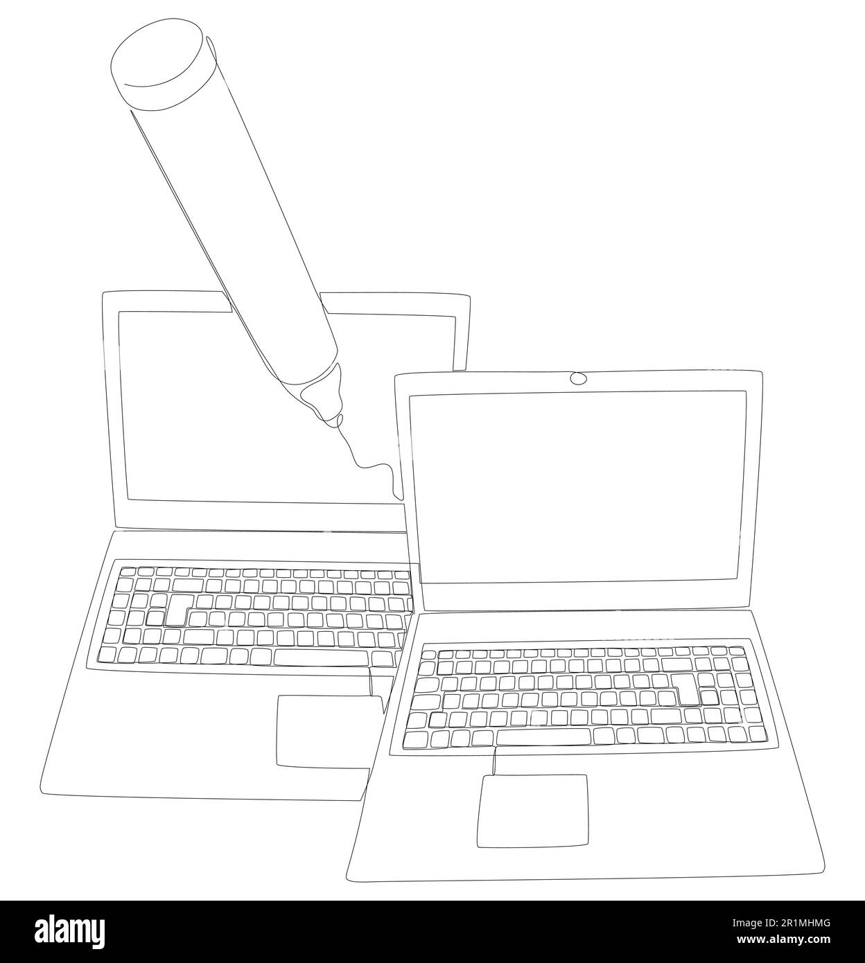 One continuous line of Laptop drawn by felt tip pen. Thin Line ...