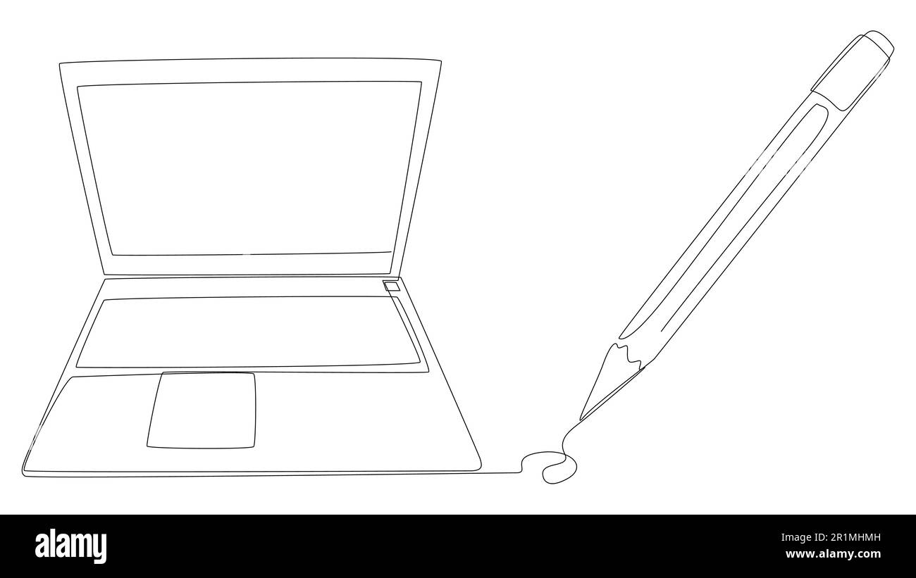 One continuous line of Laptop drawn by felt tip pen. Thin Line ...