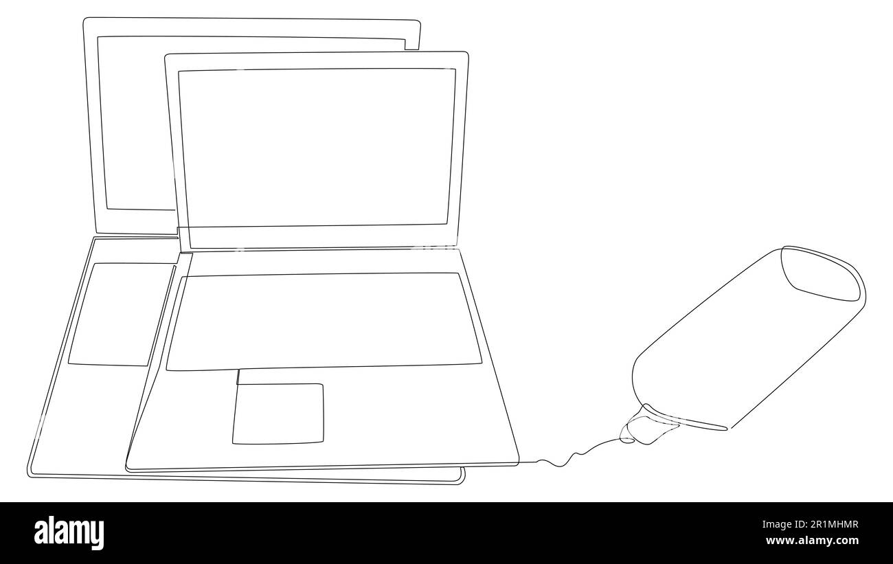 One continuous line of Laptop drawn by felt tip pen. Thin Line ...