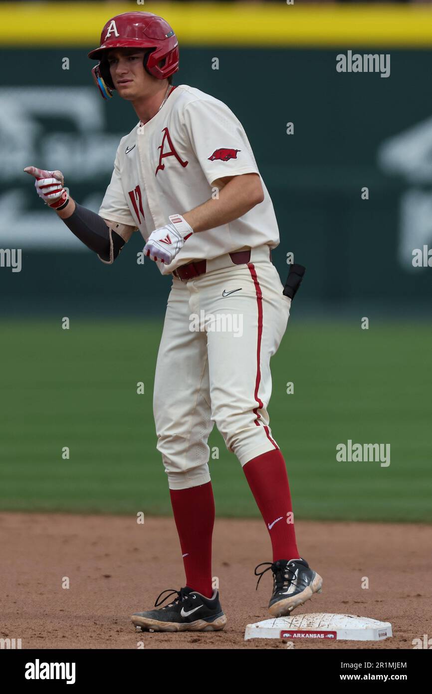 May 14, 2023: Brady Slavens #17 Razorback infielder motions back to the ...