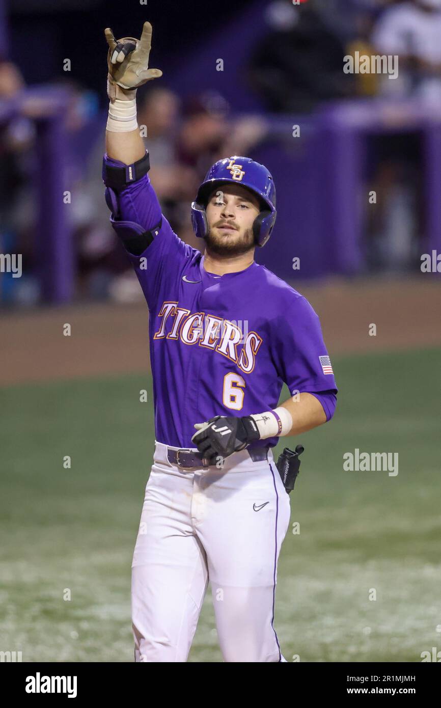 May 12, 2023: LSU's Brayden Jobert (6) makes a hand signal to someone ...