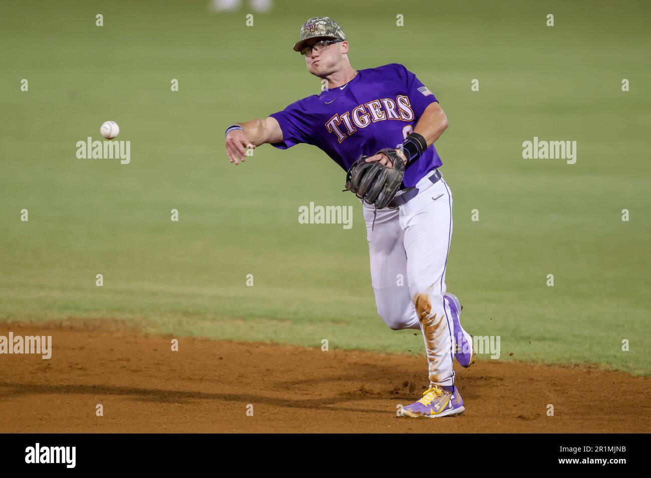 May 12, 2023: LSU's Gavin Dugas (8) makes a throw to first base during ...