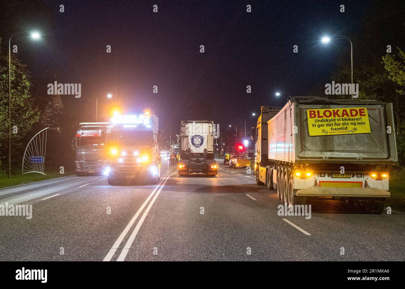 Padborg, Denmark. 14th May, 2023. Trucks block the road before the ...