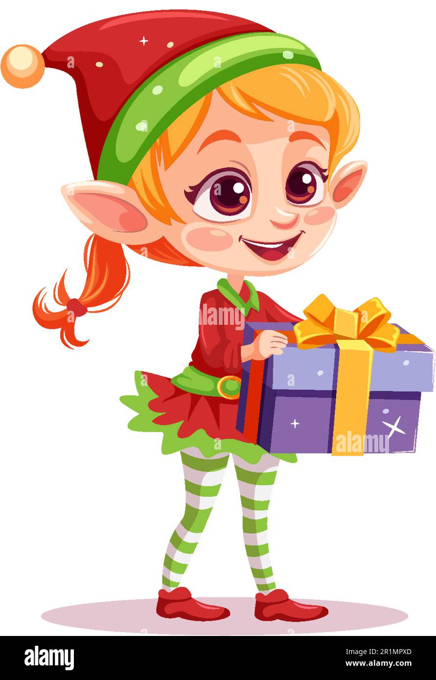 Elf girl cartoon Christmas character holding gift illustration Stock ...
