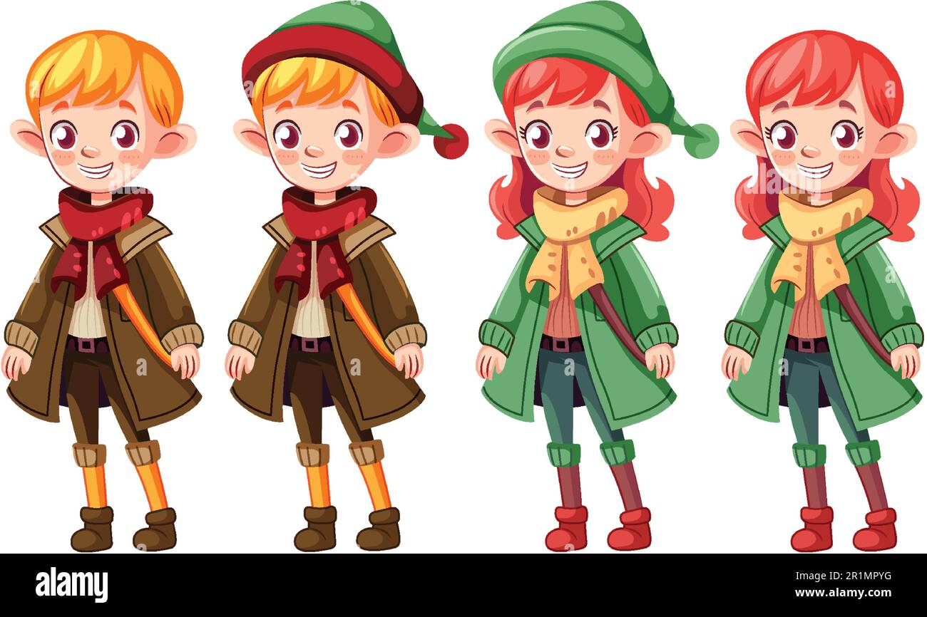 Cute male and female cartoon with winter clothes with and without hat ...