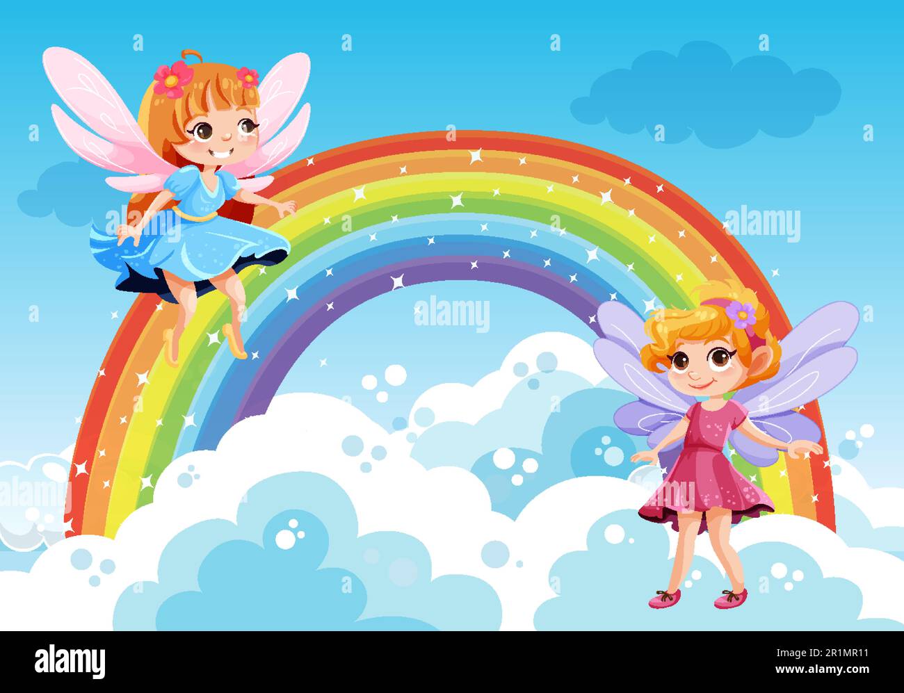 Cute fantasy fairies cartoon character flying over rainbow illustration ...